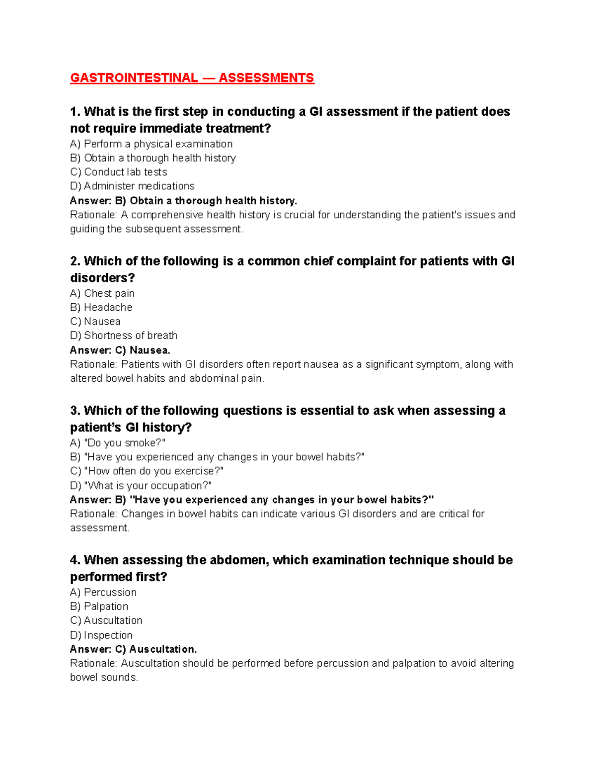 GASTROINTESTINAL ASSESSMENTS: Key Concepts and Emergency Notes - Studocu
