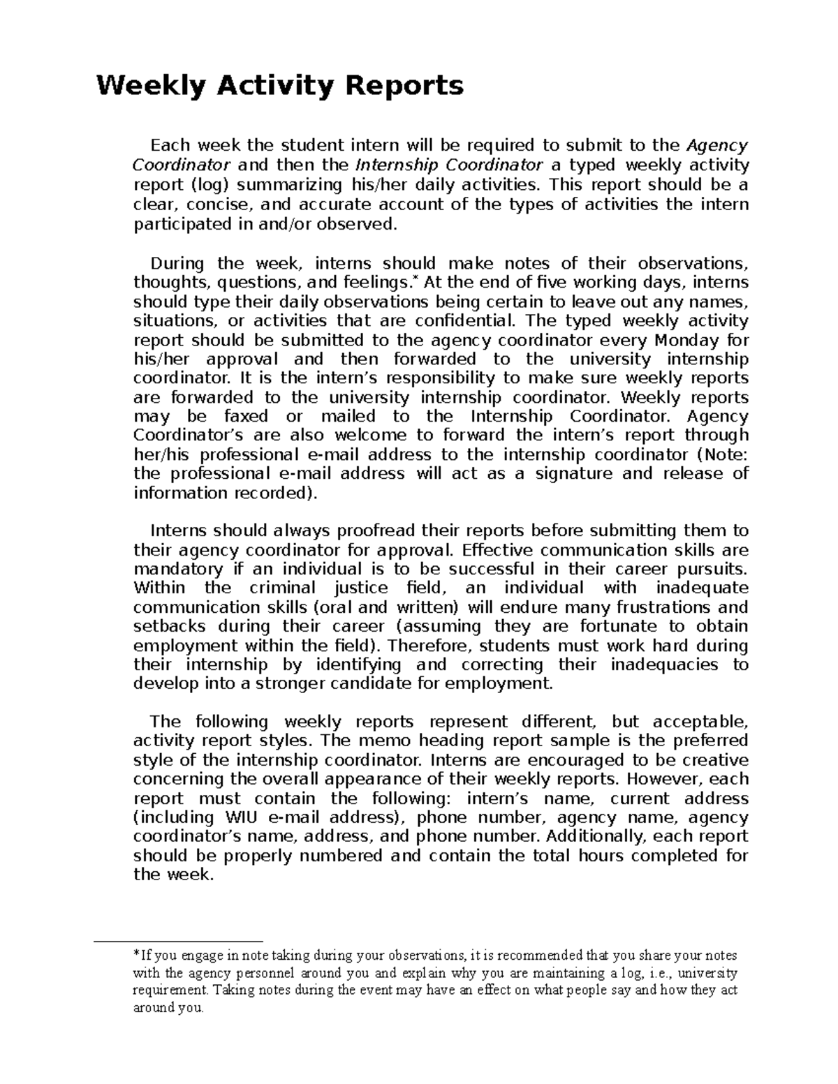 LEJA 101: Weekly Activity Reports for Internship Experience - Studocu