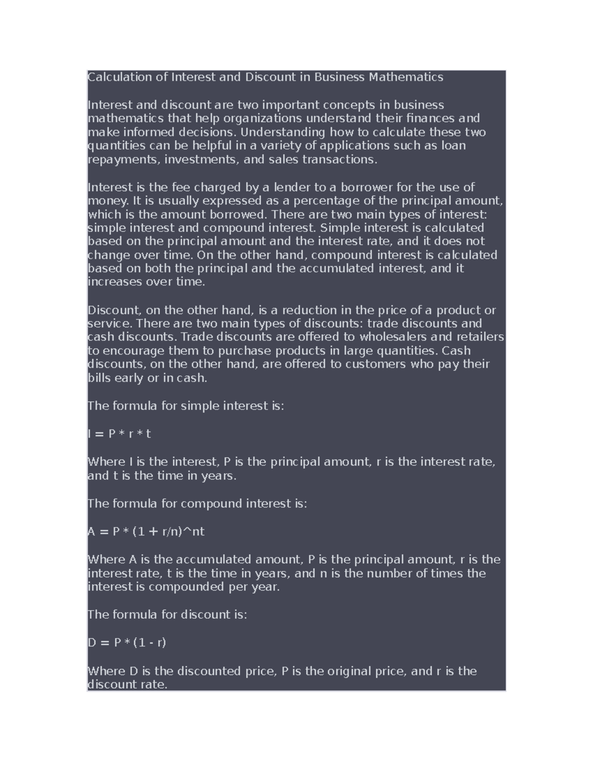 Business Mathematics: Calculating Interest & Discount Principles - Studocu