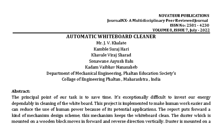 Automatic Whiteboard Cleaner Design - ME 2022 Project Report - Studocu