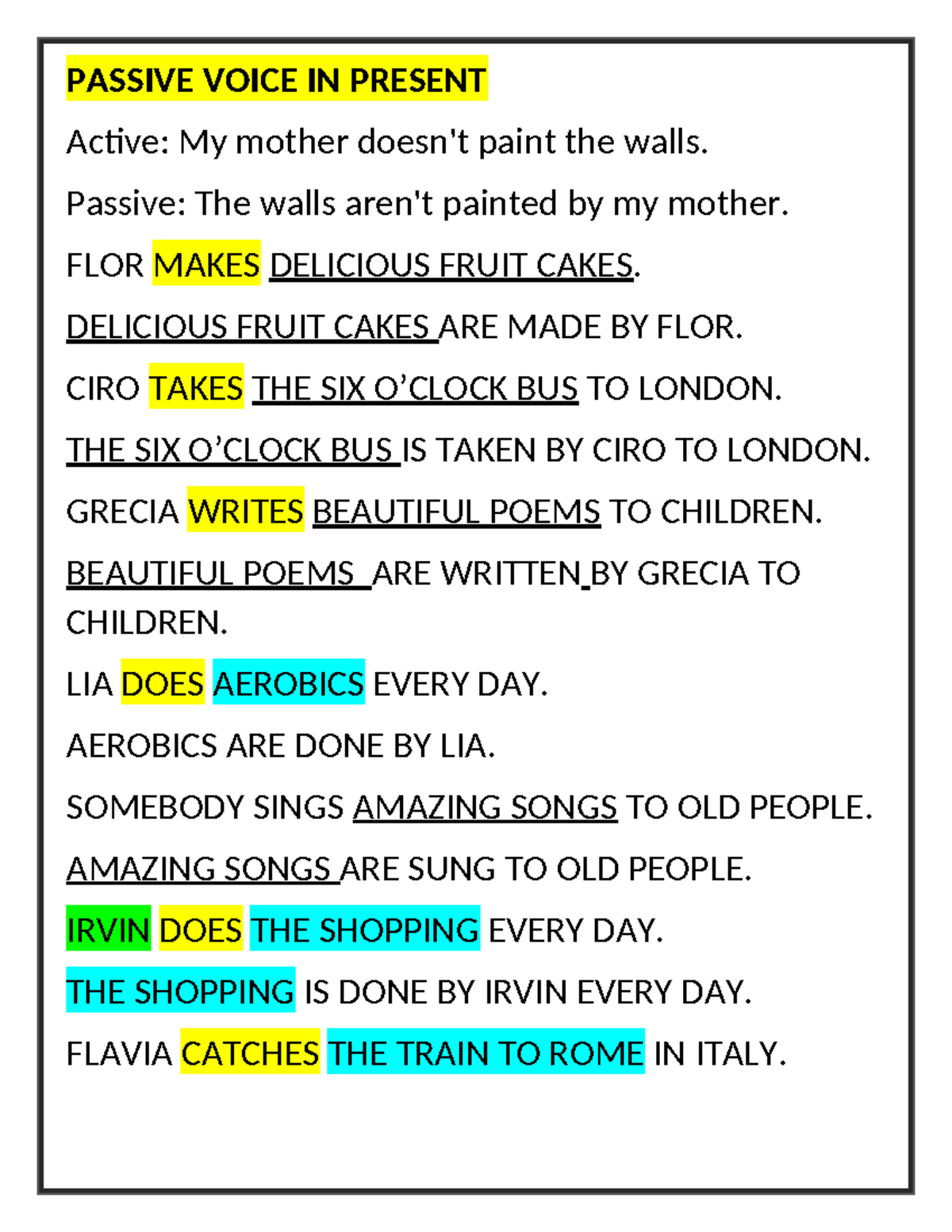 Homework Number 2 - PASSIVE VOICE IN PRESENT Active: My mother doesn't ...