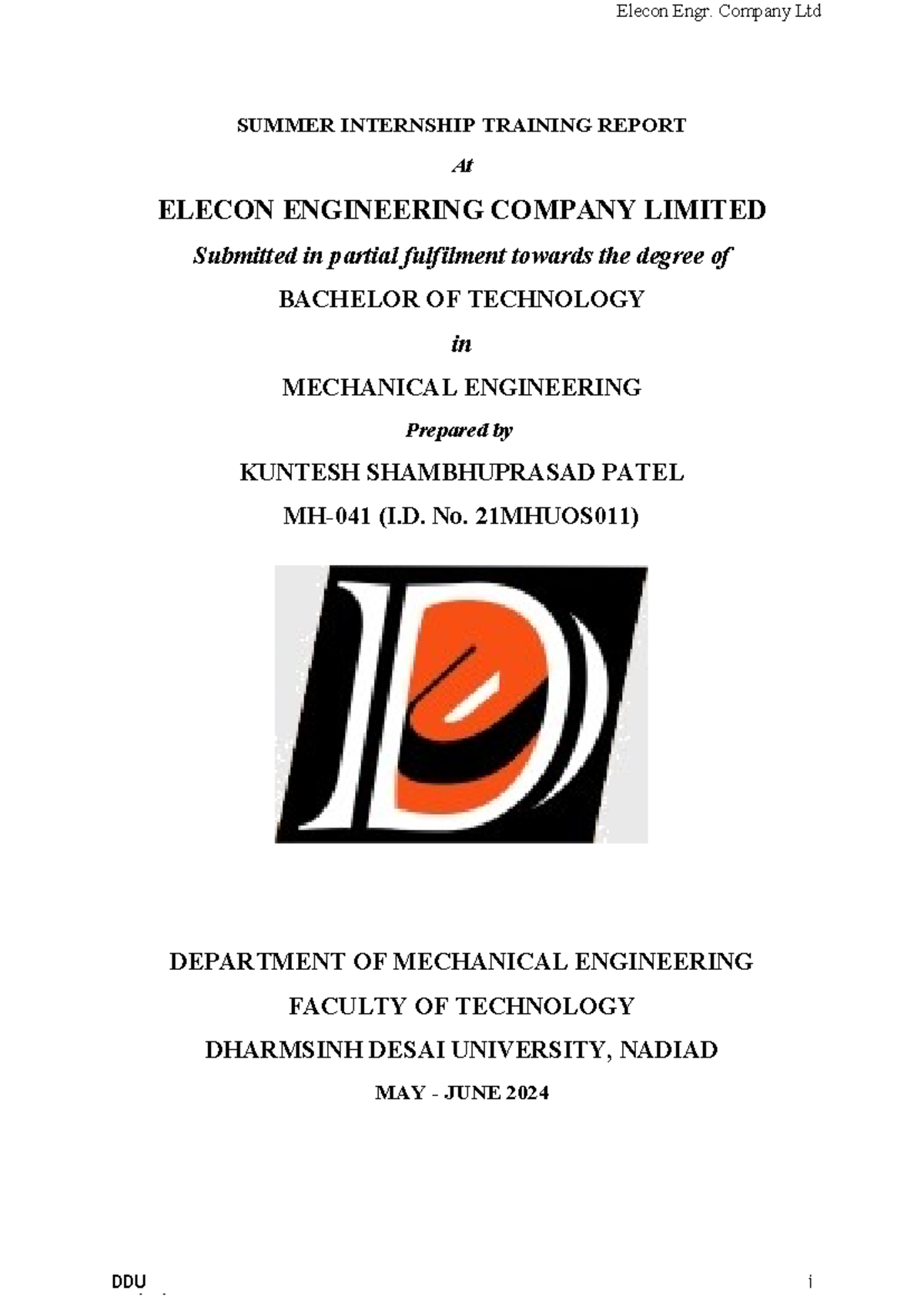 Final draft - jwdjwjvck - DDU i SUMMER INTERNSHIP TRAINING REPORT At ...