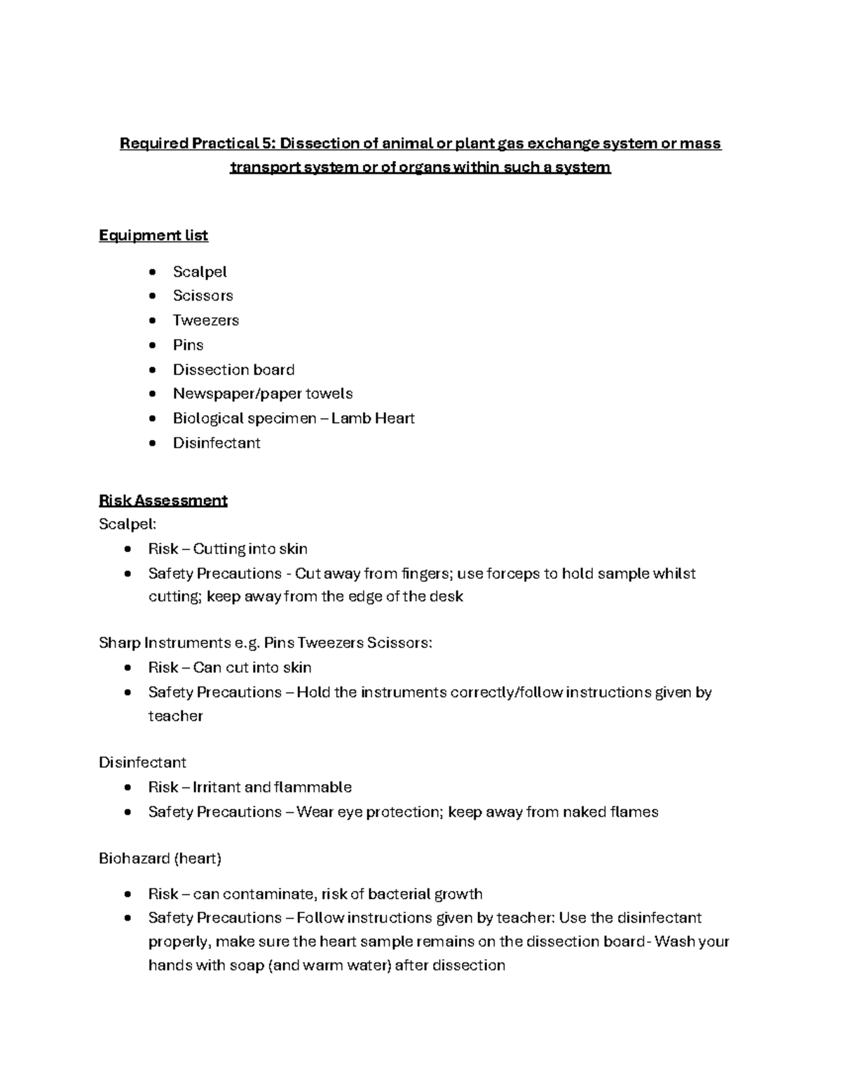Biology RP 5: Heart Dissection Risk Assessment Guidelines - Studocu