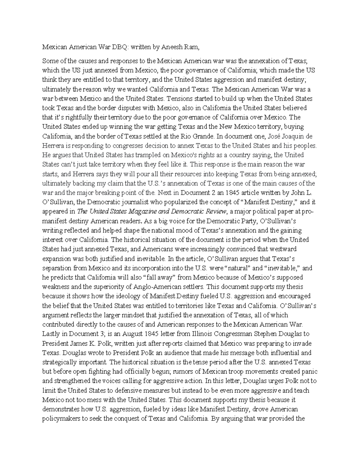 Mexican American War DBQ: Causes and Responses Analysis - Studocu
