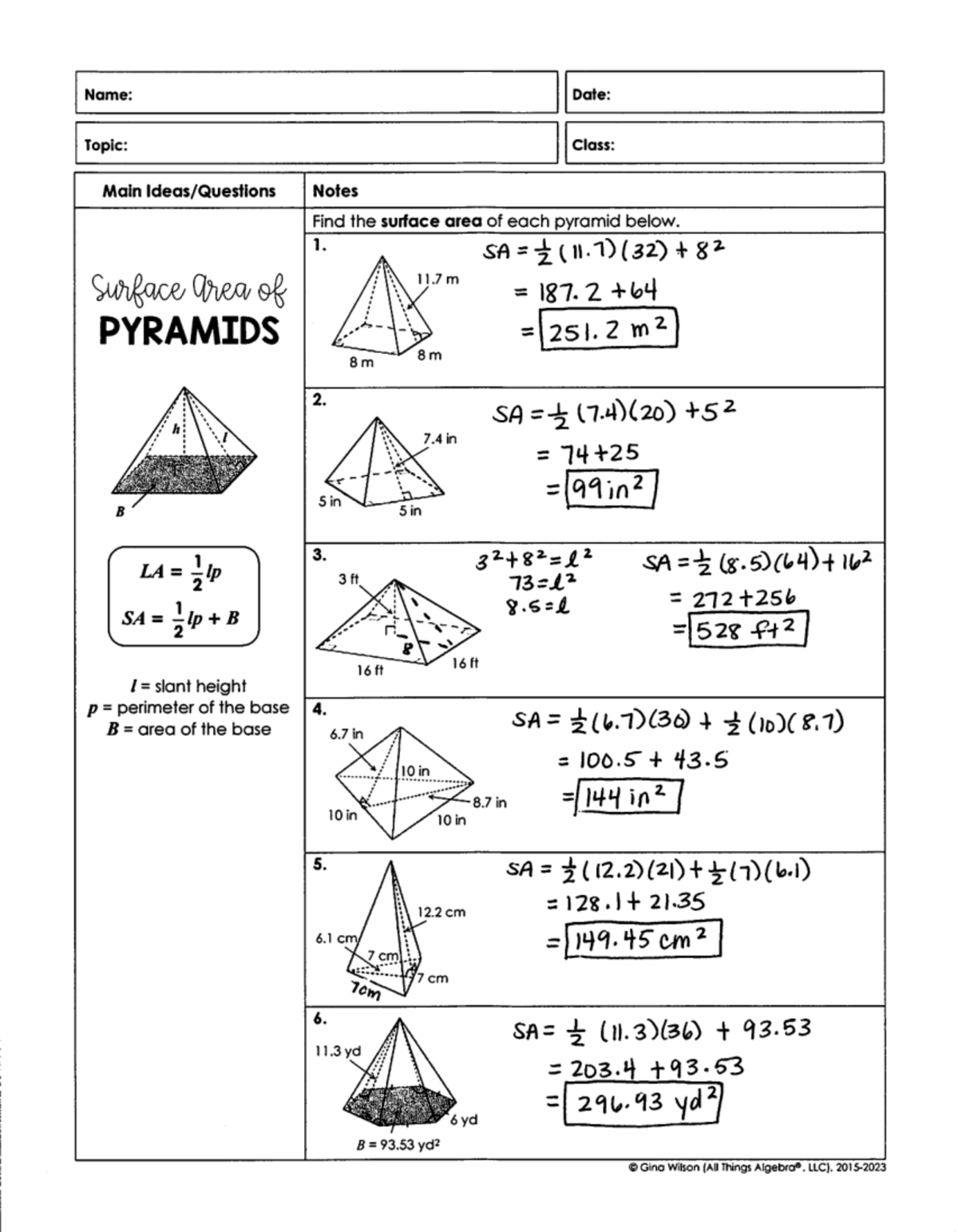 Unit 11.10 Class Notes: Surface Area of Pyramids & Cones - Studocu