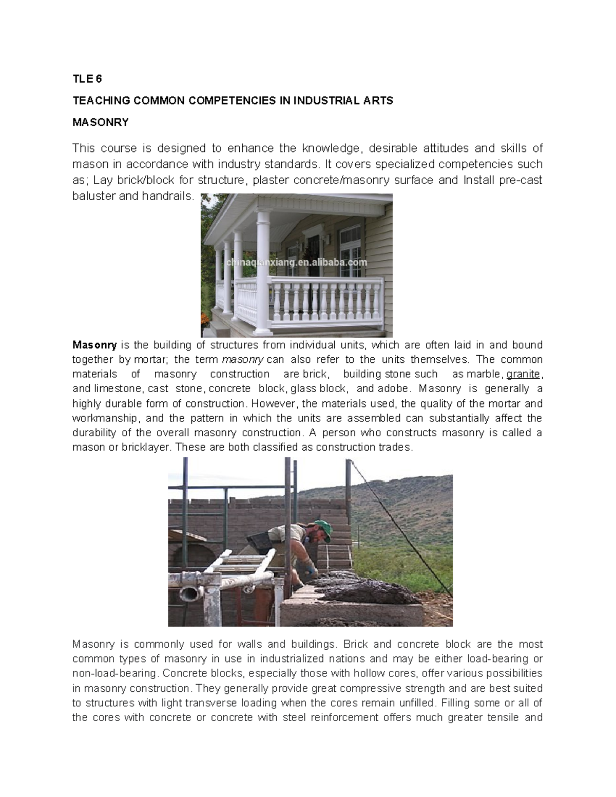 TLE-6 Masonry: Teaching Industrial Arts Competencies Notes - Studocu