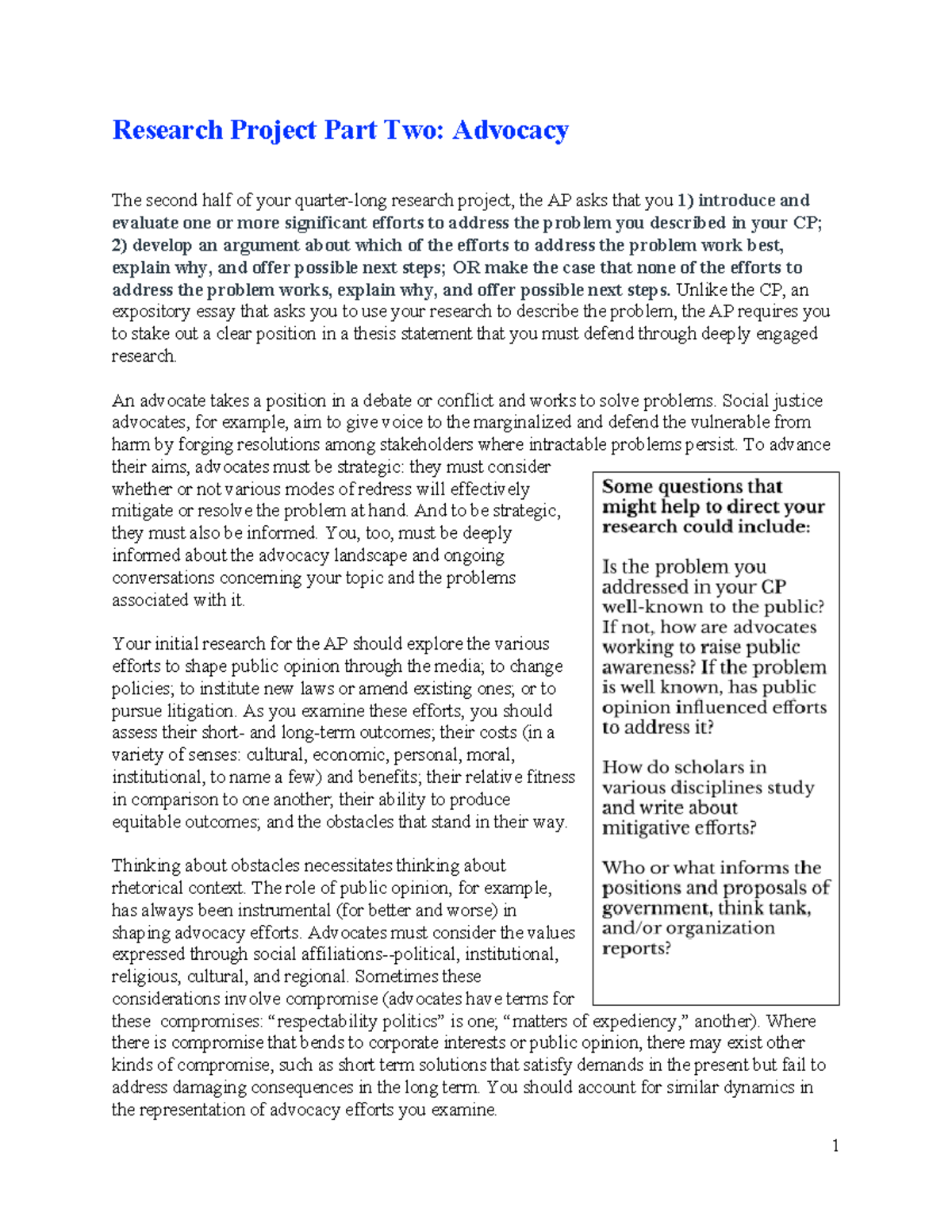 AP Research Project Part Two: Advocacy Analysis and Arguments - Studocu