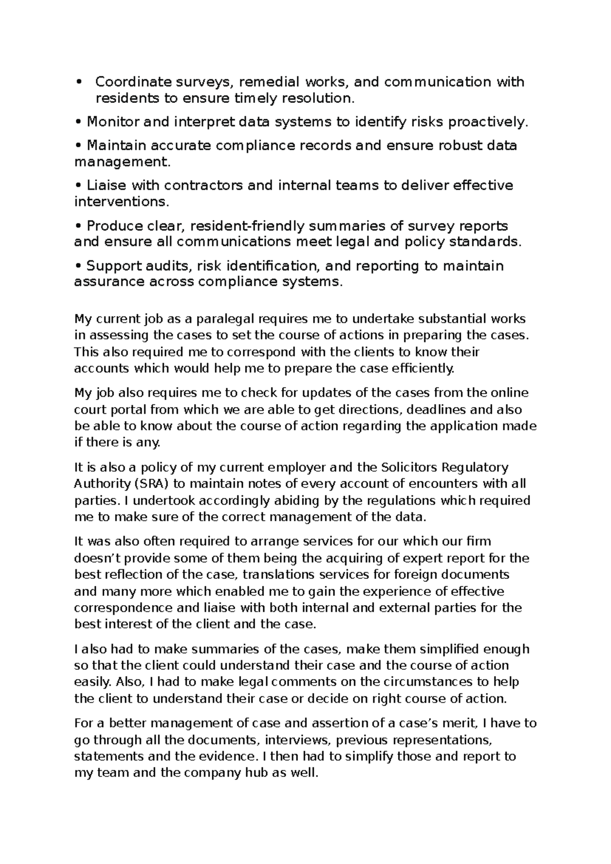 Paralegal CV Notes: Case Management & Compliance Skills - Studocu