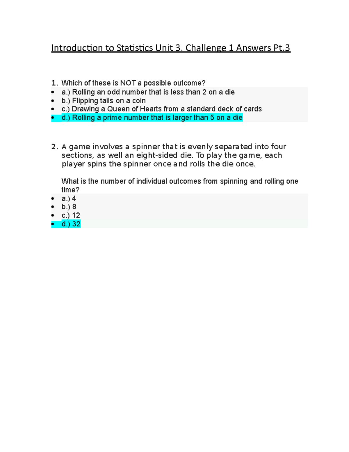 Statistics Unit 3 Challenge 1 Answers - Student Guide - Studocu