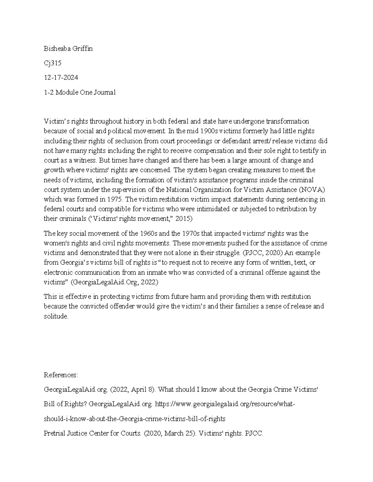 Document 8 - assignments - Bisheaba Griffin Cj 12-17- 1-2 Module One Journal Victim’s rights ...