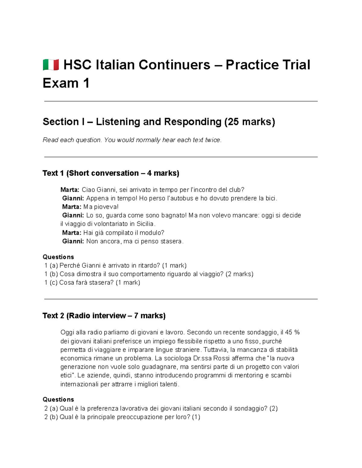 HSC Italian Continuers Practice Trial Exam 1: Listening & Reading - Studocu
