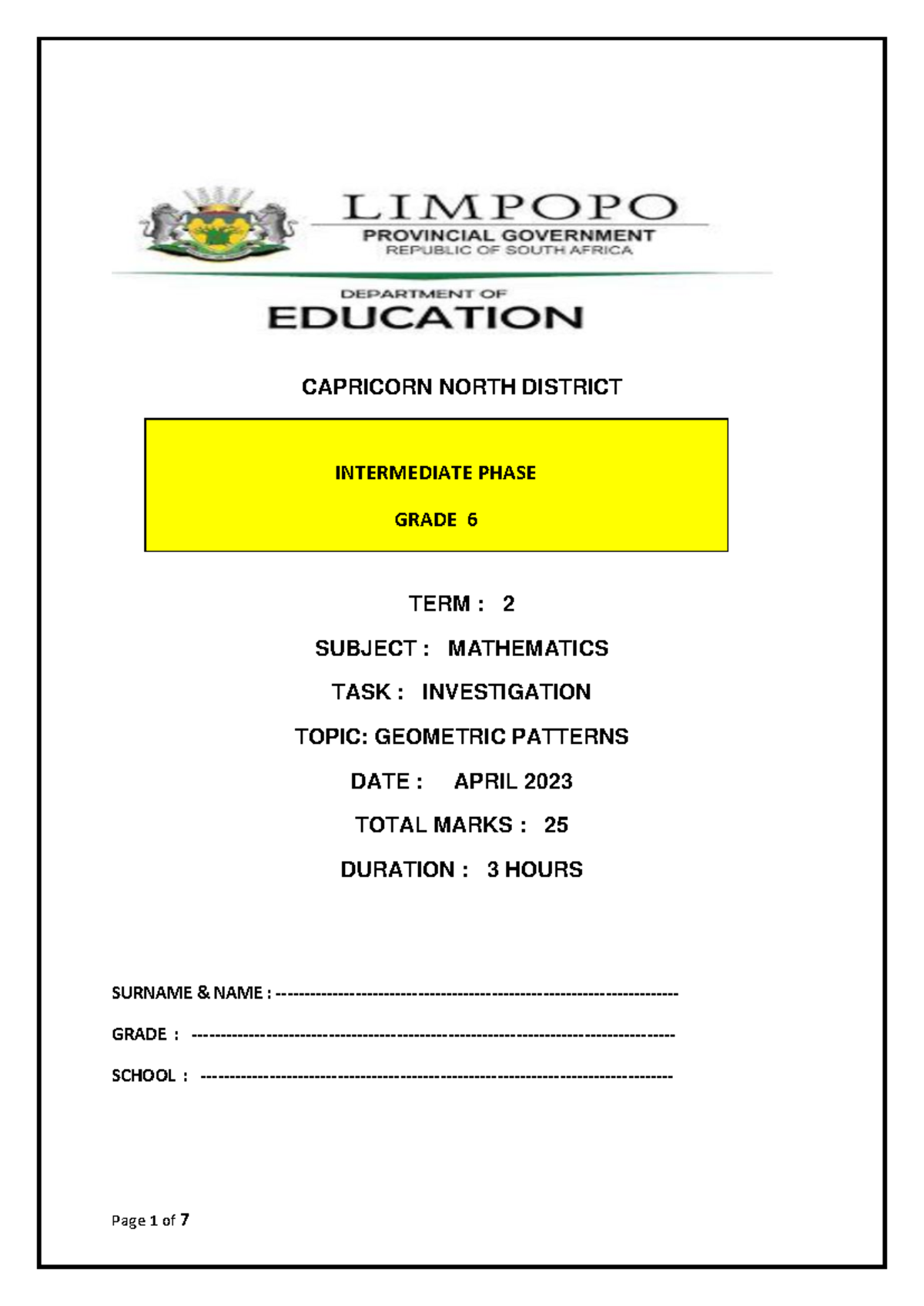 Maths Grade 6 Term 2 (23) Investigation on Geometric Patterns - Studocu