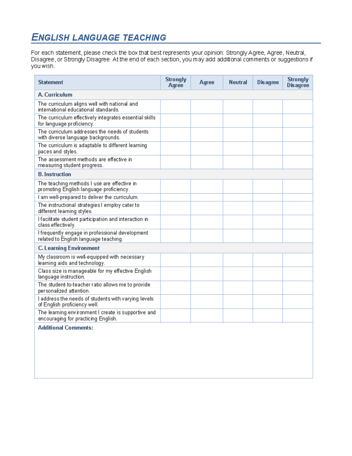 Survey-Questions - efg - ENGLISH LANGUAGE TEACHING For each statement ...