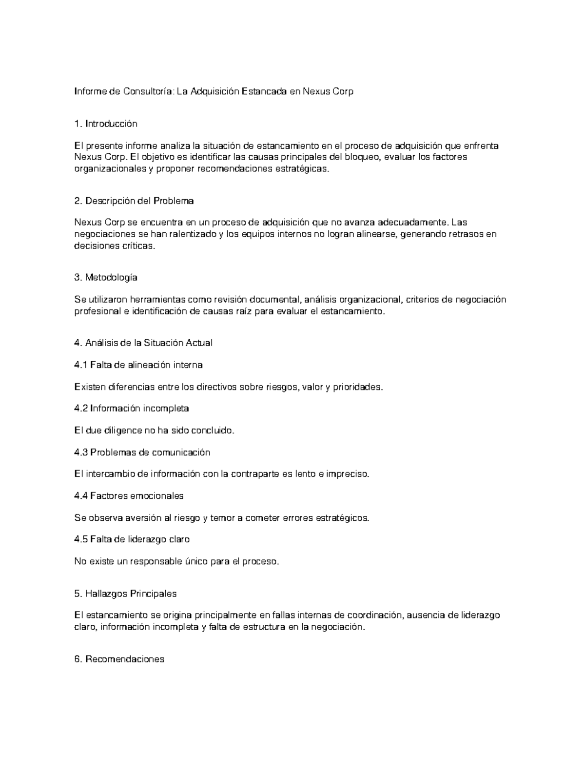 Informe de Consultoría: Estancamiento en Adquisición de Nexus Corp ...