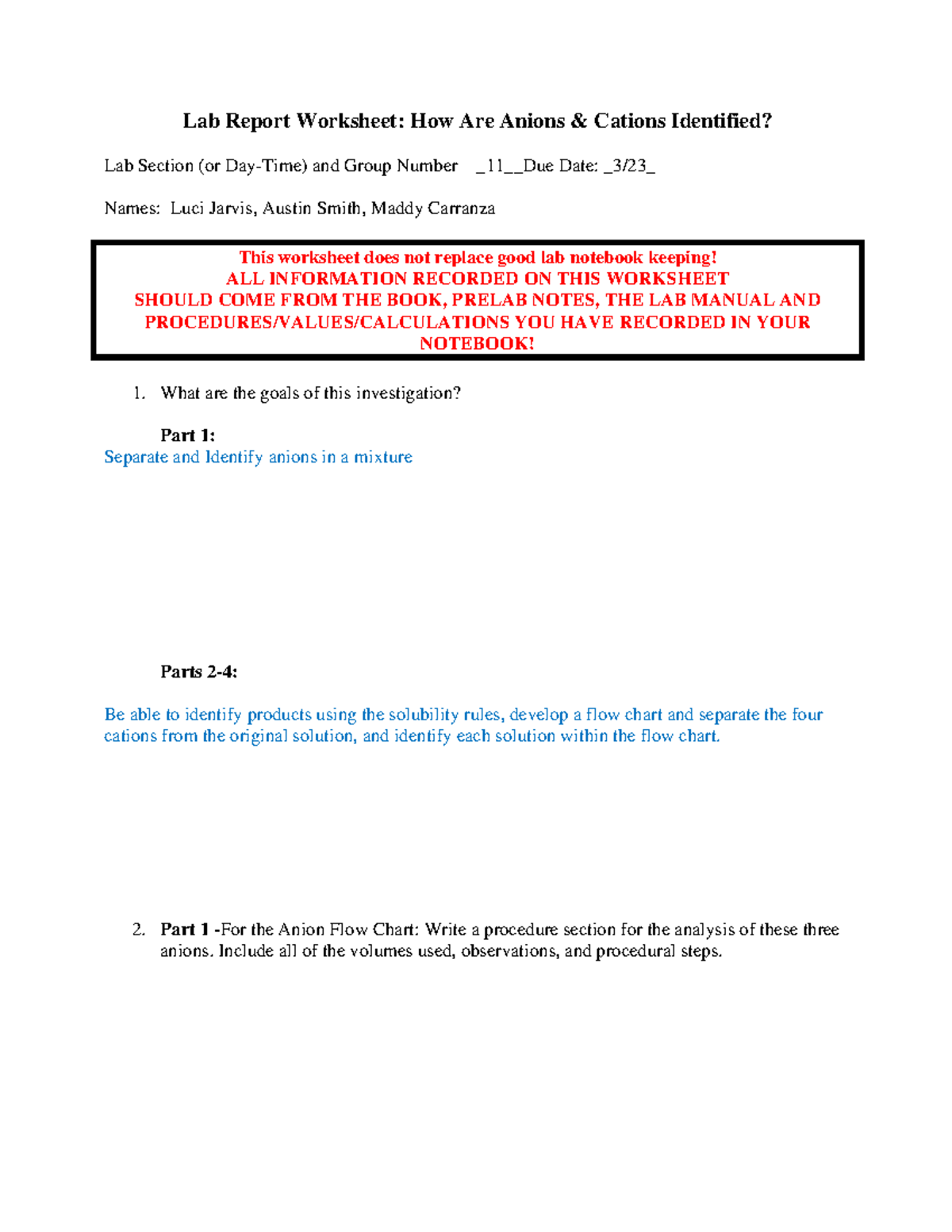 WK1 Lab Report: Identifying Anions & Cations in Mixtures - Studocu