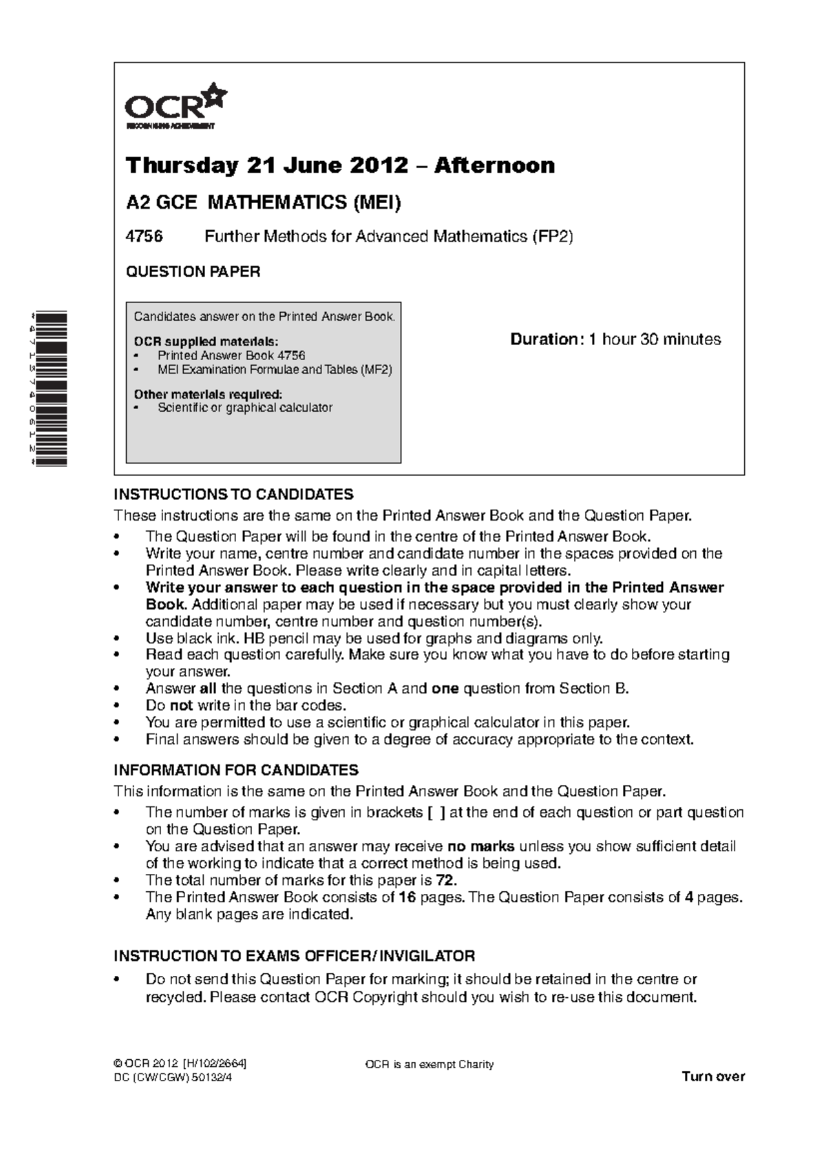 FP2 A2 GCE Mathematics Exam Paper - June 2012 - Studocu