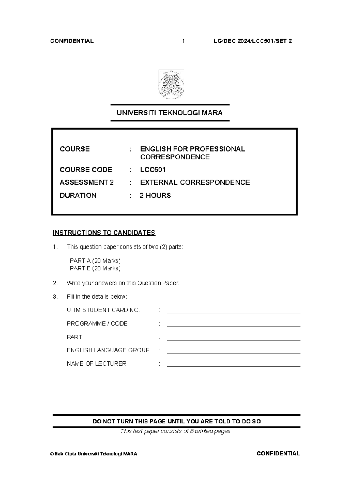 LCC501 English for Professional Correspondence: External QP Set 2 - Studocu