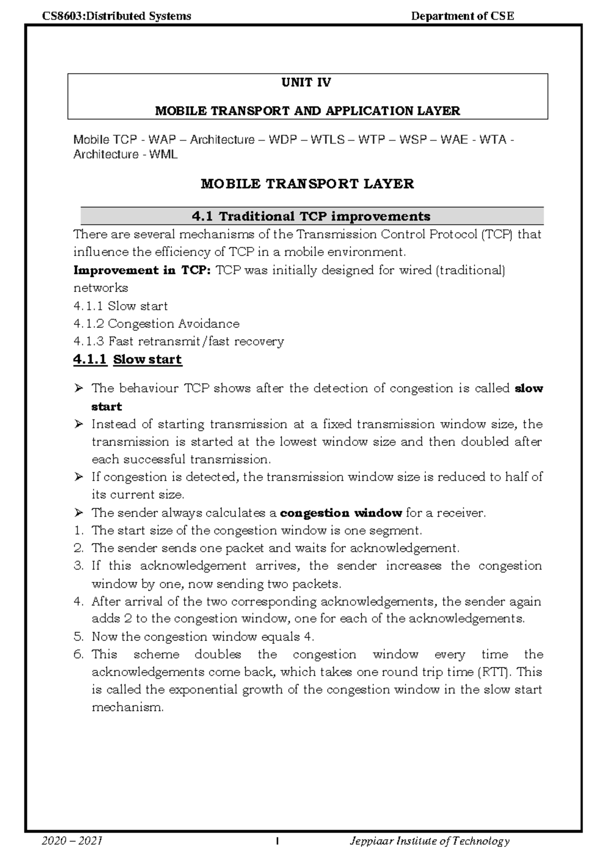 CS8603: Distributed Systems - Unit IV Mobile Transport & Application ...