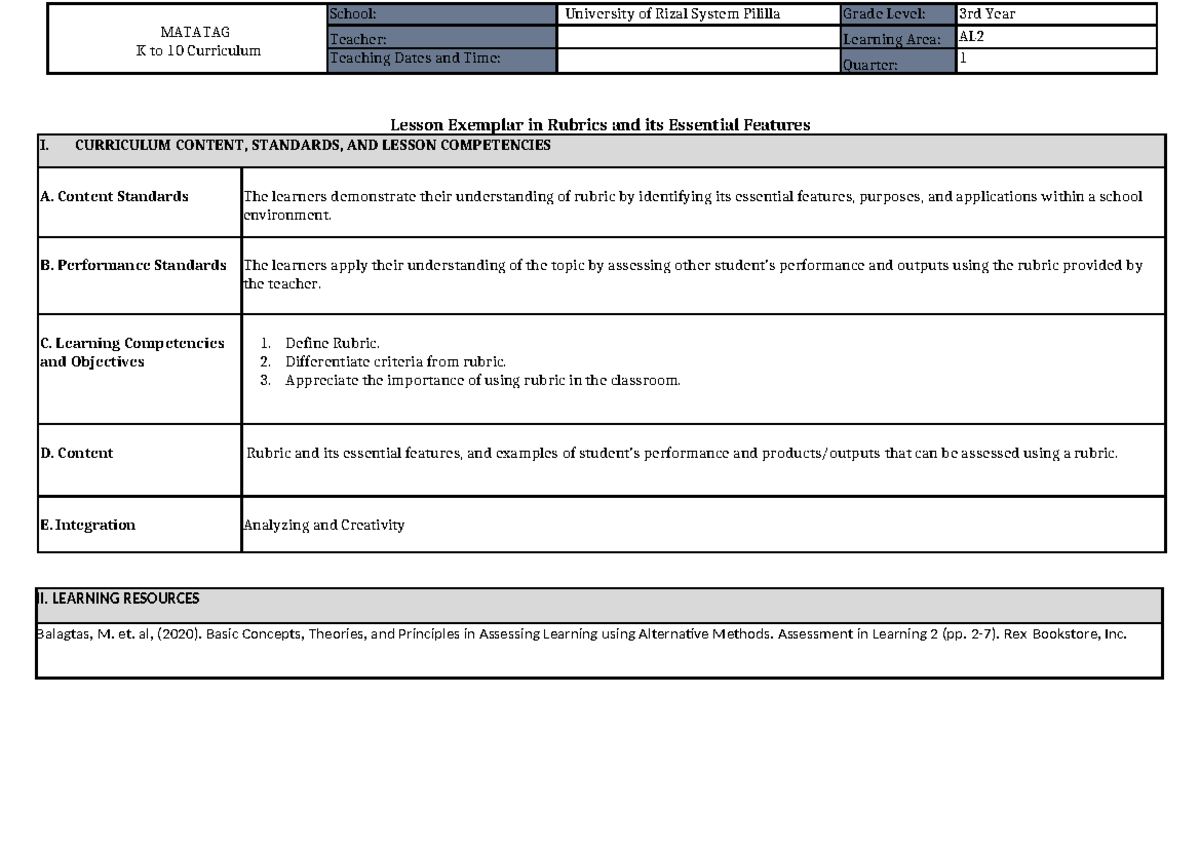 MATATAG K to 10 Curriculum I: Lesson Exemplar on Rubrics - Studocu