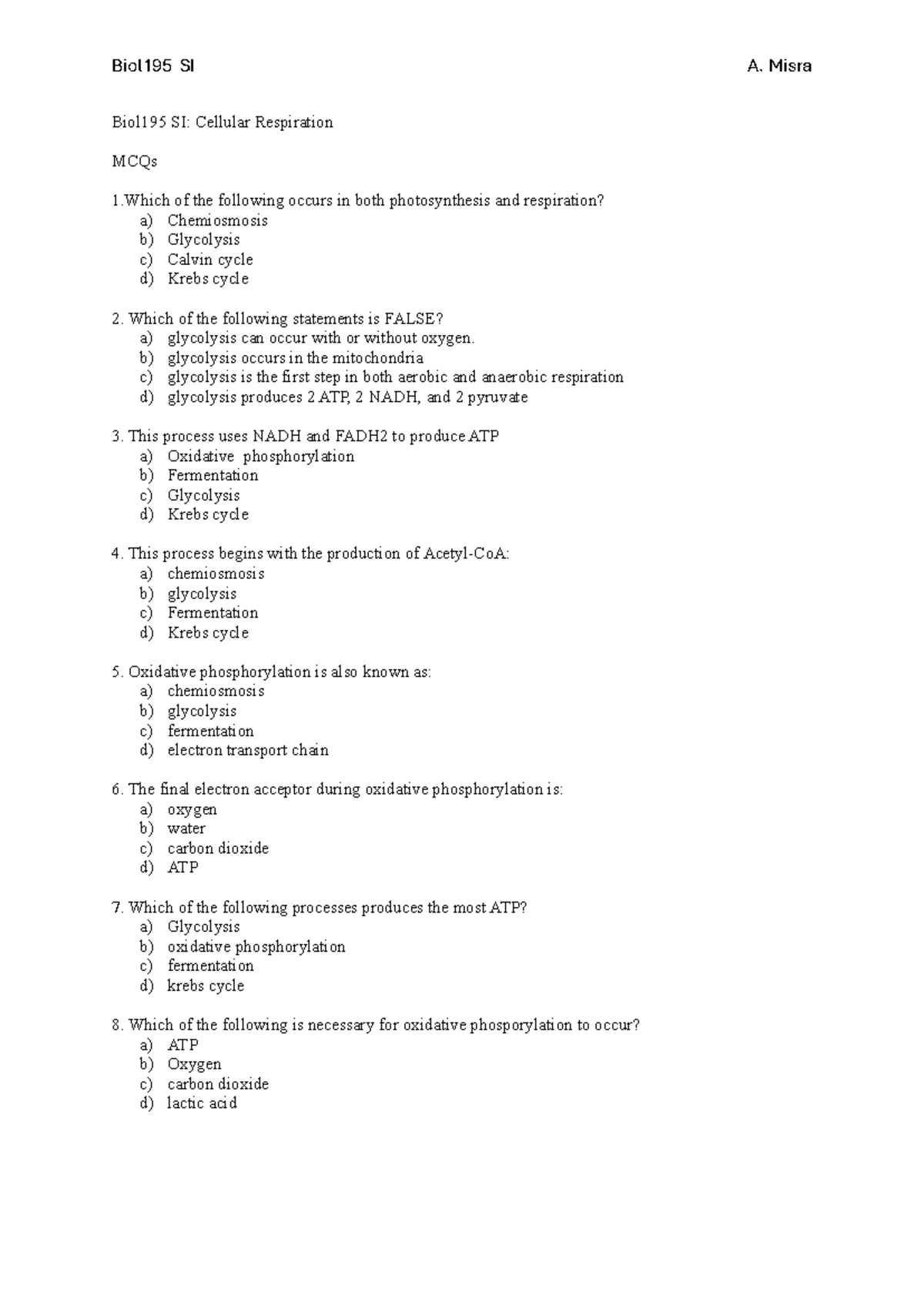 Biol195 Midterm Study Guide: Cellular Respiration MCQs - Studocu