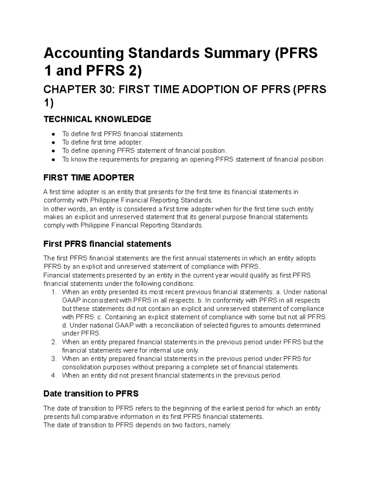 PFRS 1 & 2 Summary: First Time Adoption & Payment Standards - Studocu