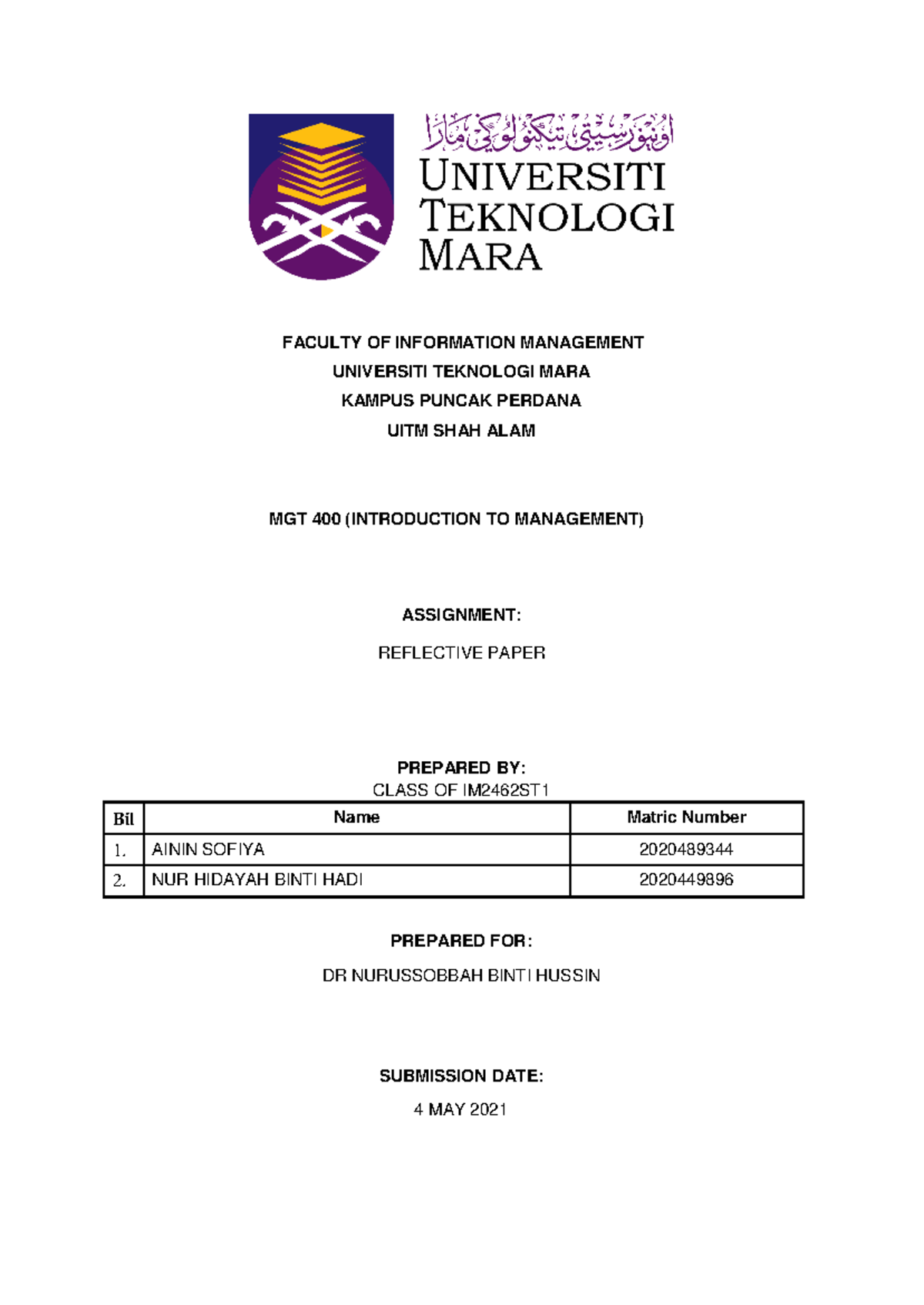 MGT400-Reflective Paper on Covid-19's Impact by Ainin & Hidayah - Studocu