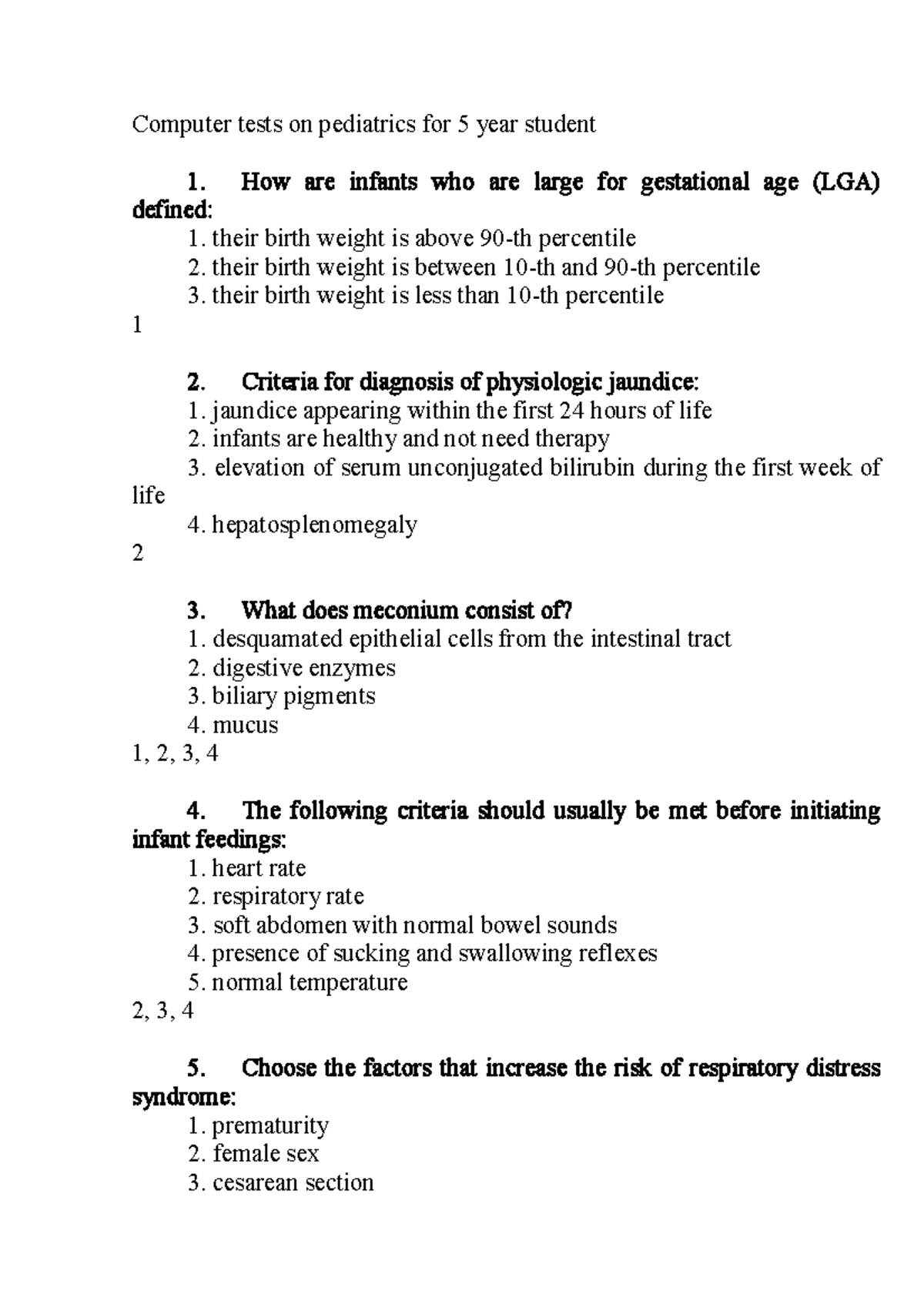 Pediatrics Computer Test Review for 5-Year Students - Studocu