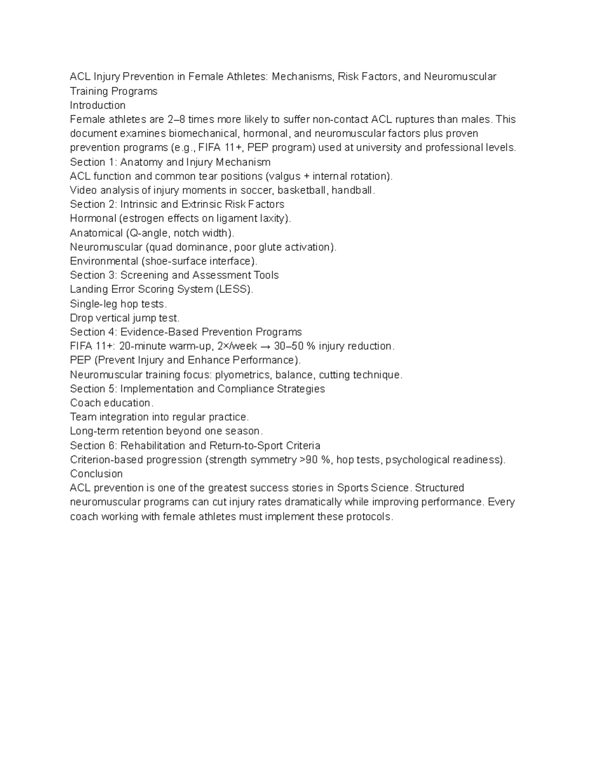 ACL Injury Prevention in Female Athletes: Mechanisms & Programs - Studocu
