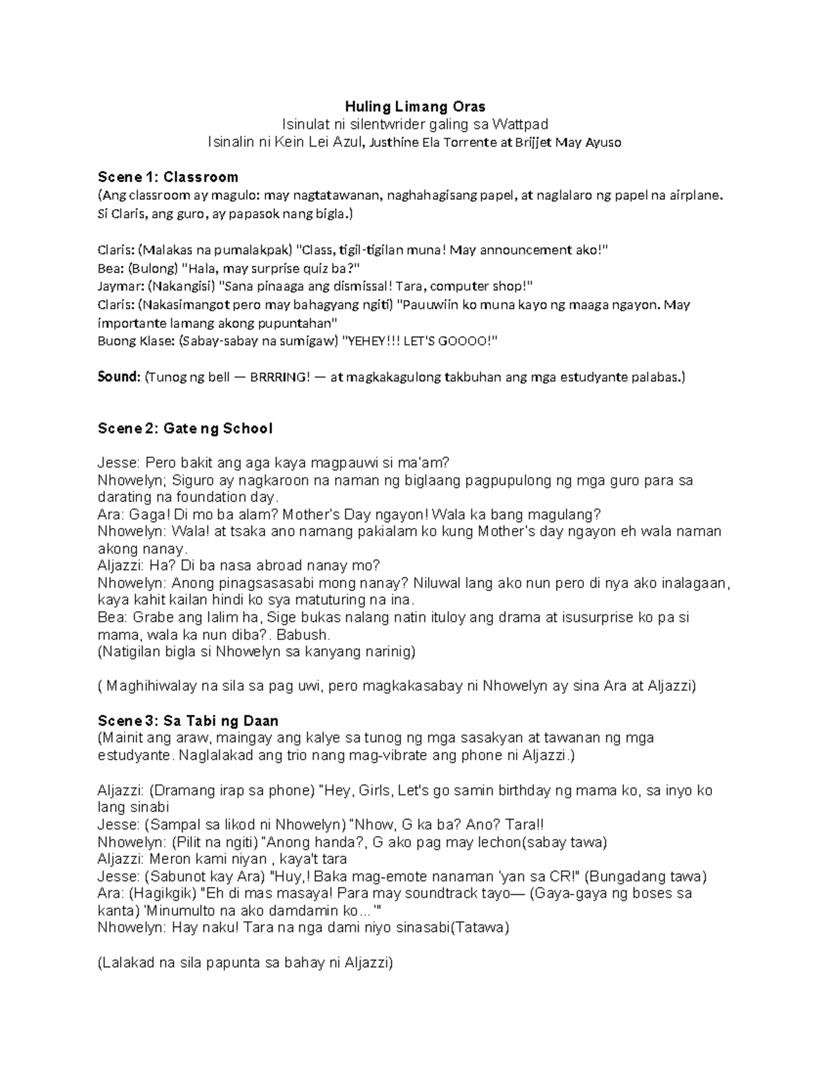 Final Script ng Huling Limang Oras: Isang Dramatic na Kuwento - Studocu