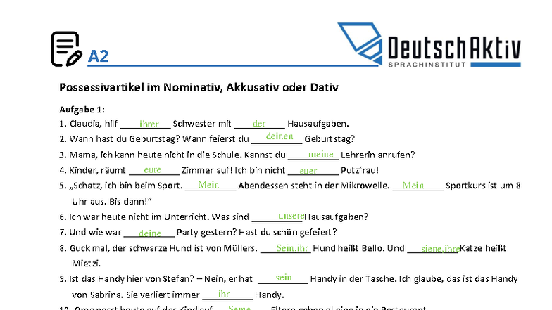 A2 Übungen zu Possessivartikeln: Nominativ, Akkusativ, Dativ - Studocu