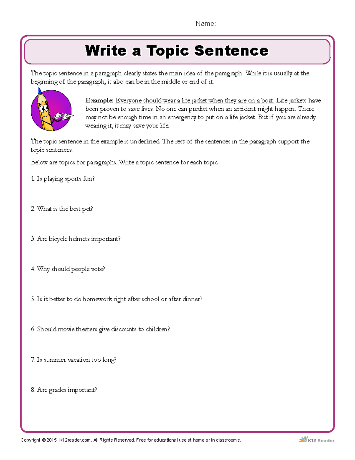 Write a Topic Sentence: Writing Main Ideas for Paragraphs - Studocu
