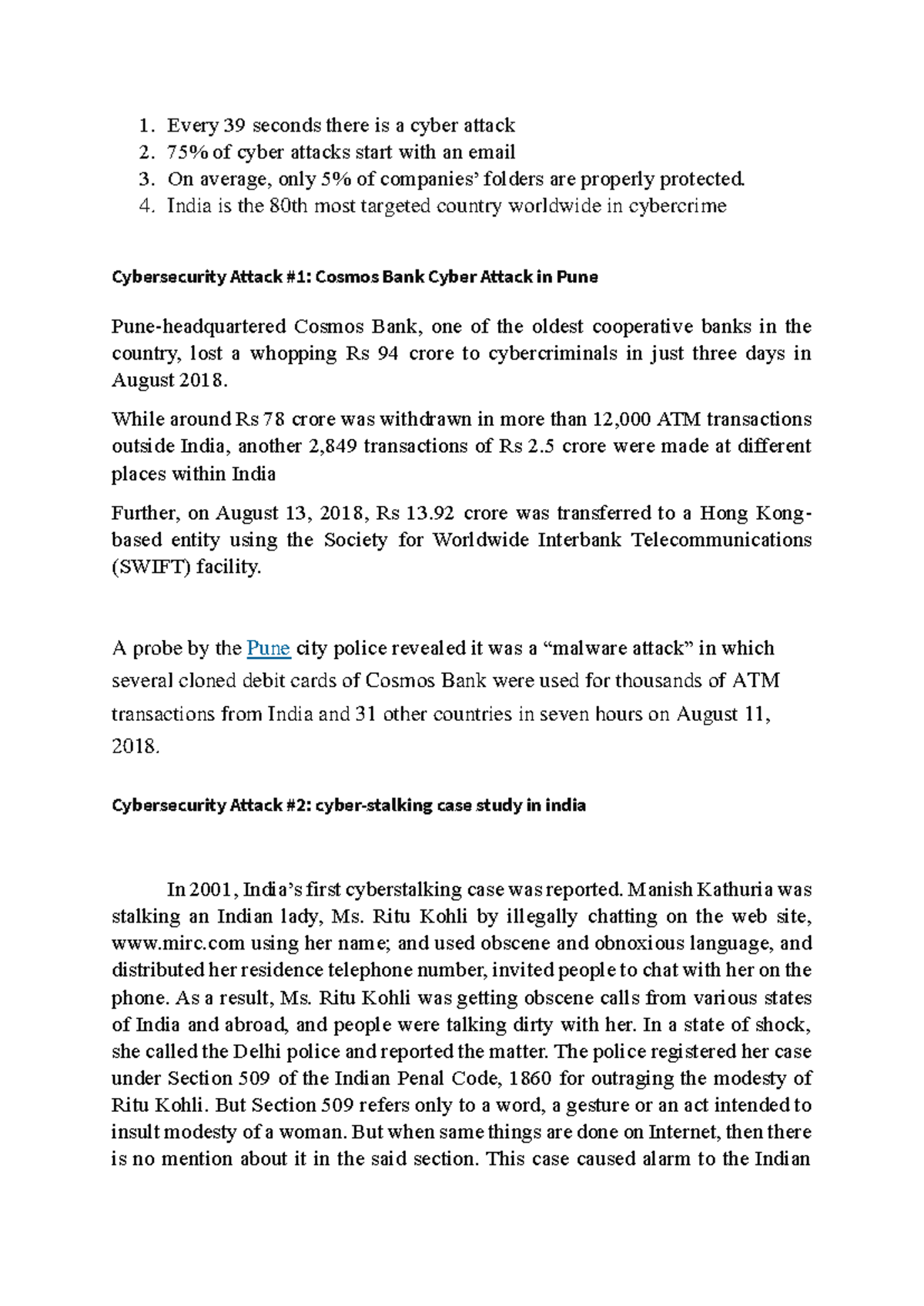 Cyber Attack Case Study: Cosmos Bank & Cyber-Stalking in India - Studocu