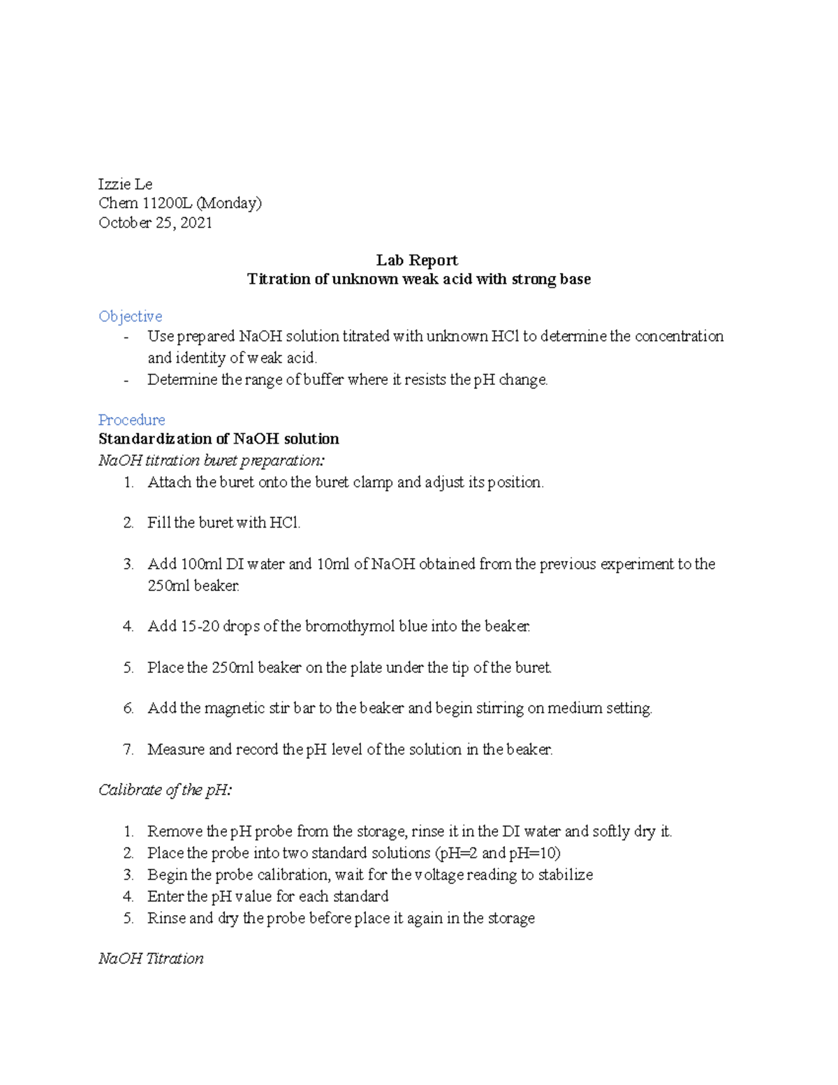Lab Report: Titration of Unknown Weak Acid with Strong Base - Chem ...