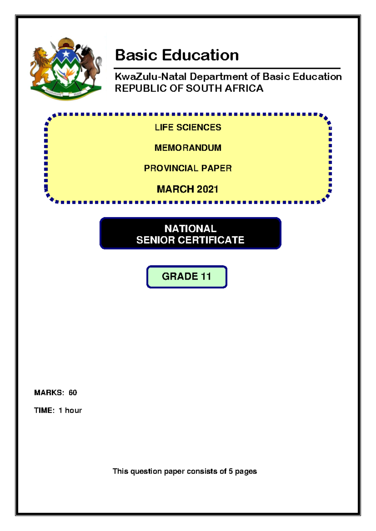 Life Sciences Grade 11 March 2021 Provincial Paper Memorandum - Studocu
