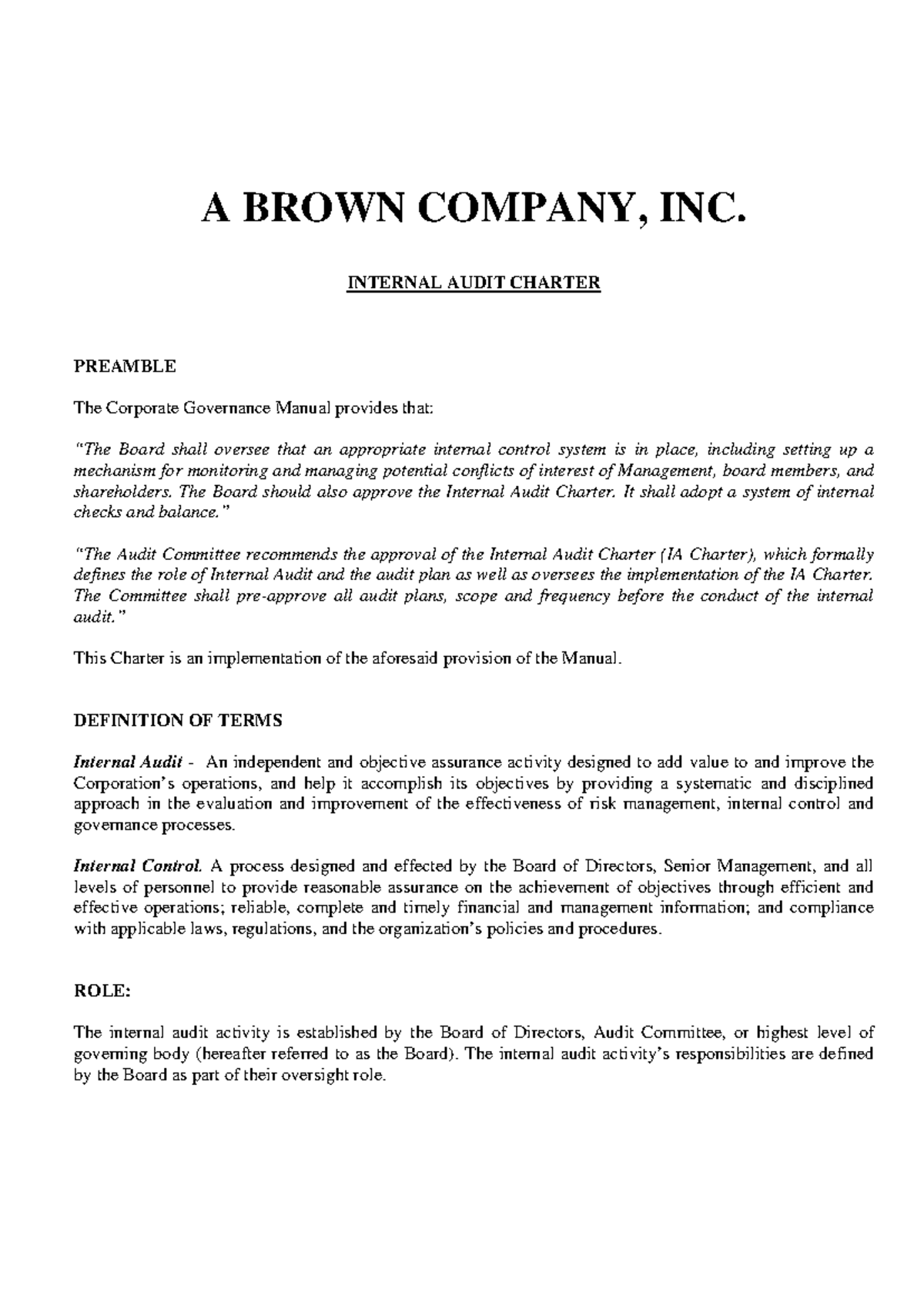 Internal-Audit-Charter Final-1 - A BROWN COMPANY, INC. INTERNAL AUDIT ...