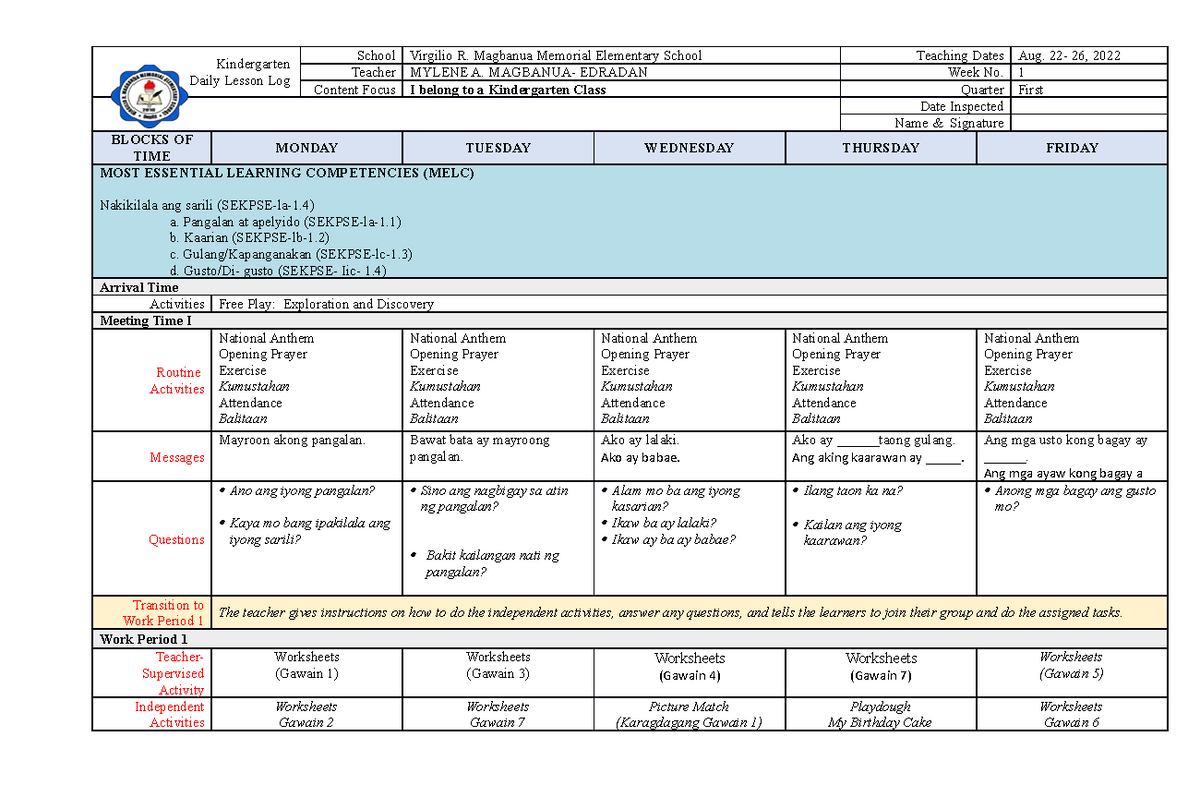 MELC DLL Week 1 - Kindergarten Daily Lesson Plan - Studocu