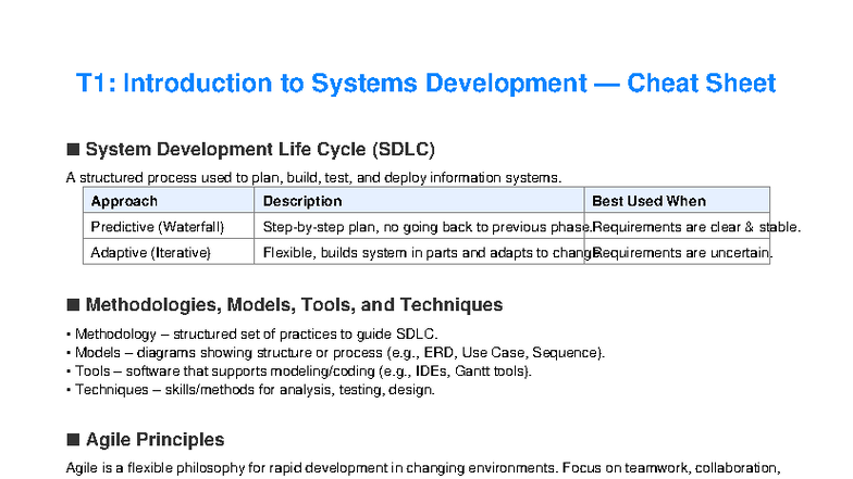 T1: SDLC Overview Cheat Sheet for Systems Development - Studocu