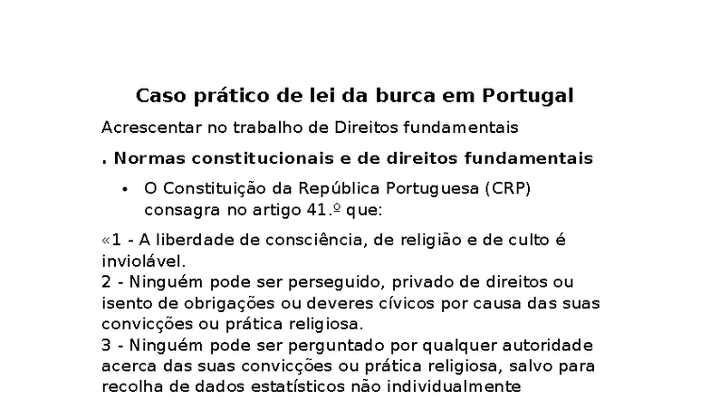 Caso Prático sobre a Lei da Burca em Portugal: Direitos Fundamentais e ...