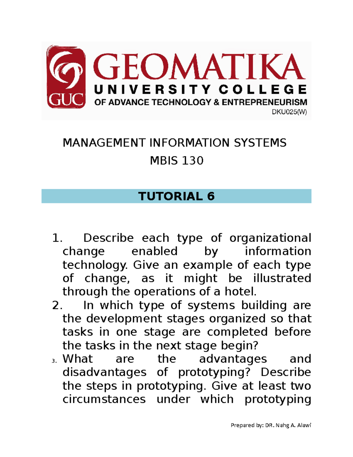 Tutorial 6 - LECTURE WORK - MANAGEMENT INFORMATION SYSTEMS MBIS 130 ...