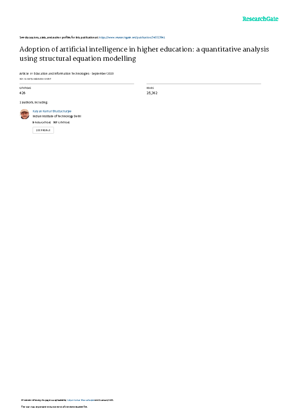 Adoption of artificial intelligence in higher education a quantitative ...