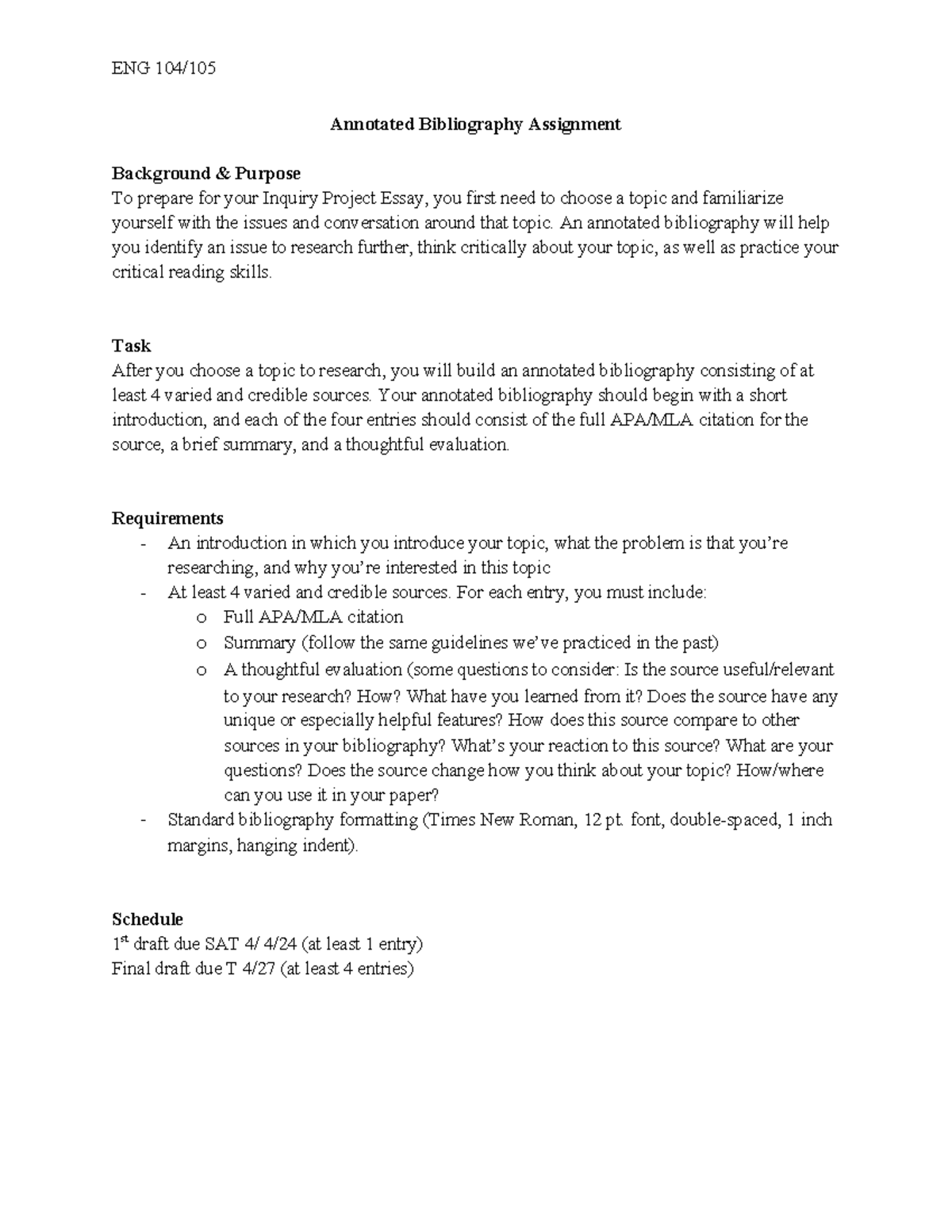 ENG 104: Annotated Bibliography Assignment Instructions & Requirements ...