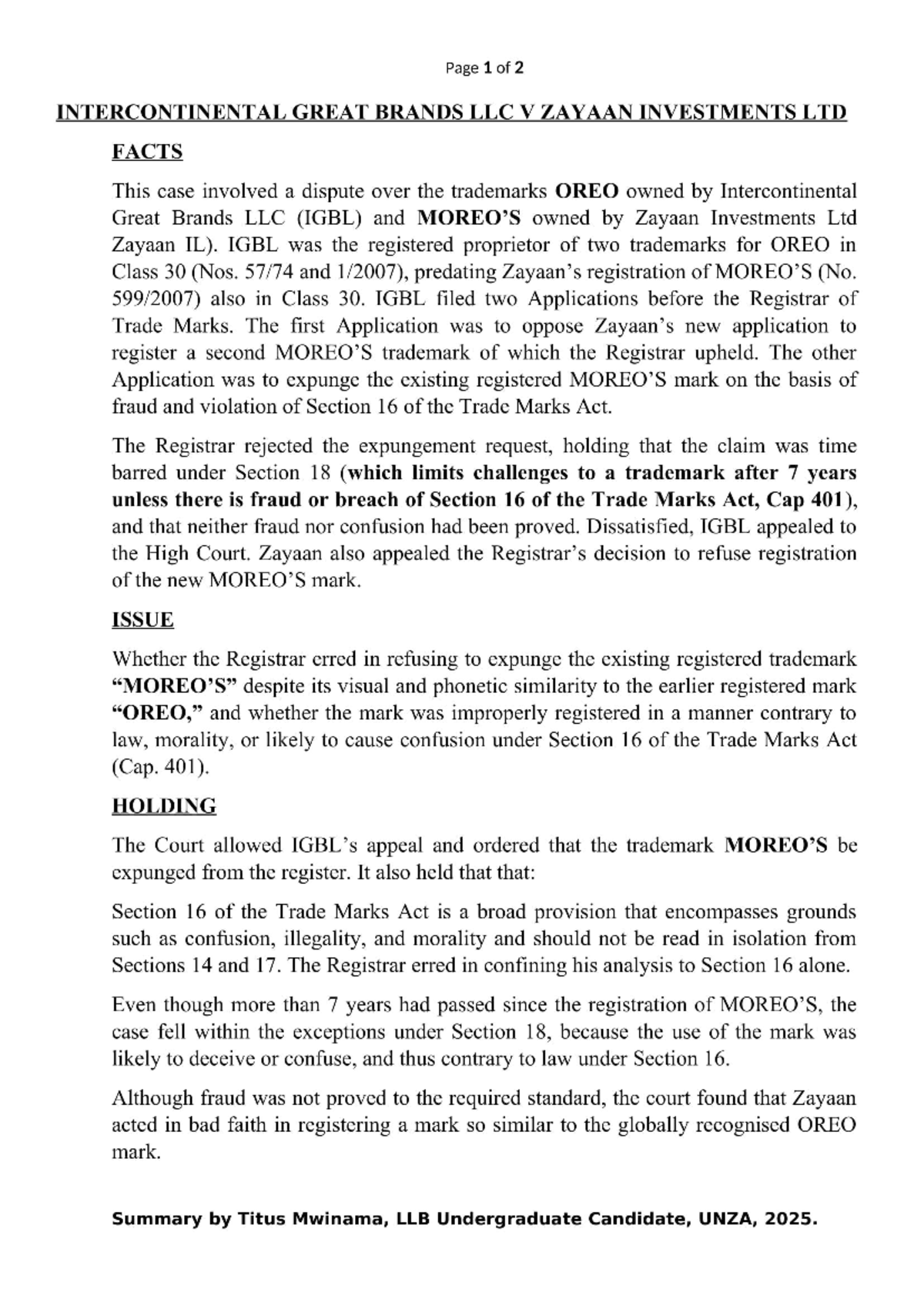 Intercontinental Great Brands LLC v Zayaan Investments Ltd Case Study ...