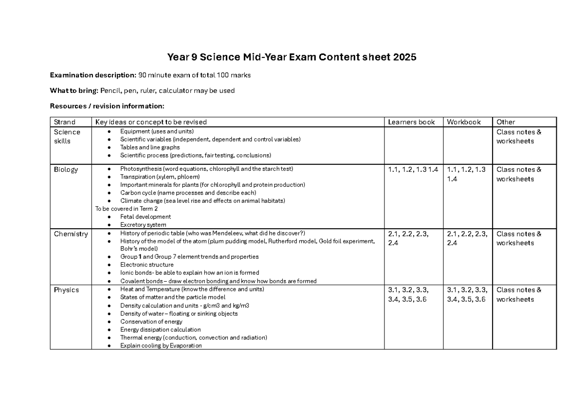 Year 9 Science Exam Content Sheet 2025: Key Topics & Resources - Studocu