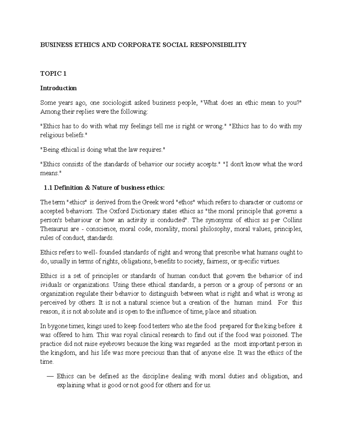 BUS 101: Business Ethics & Corporate Social Responsibility Notes - Studocu