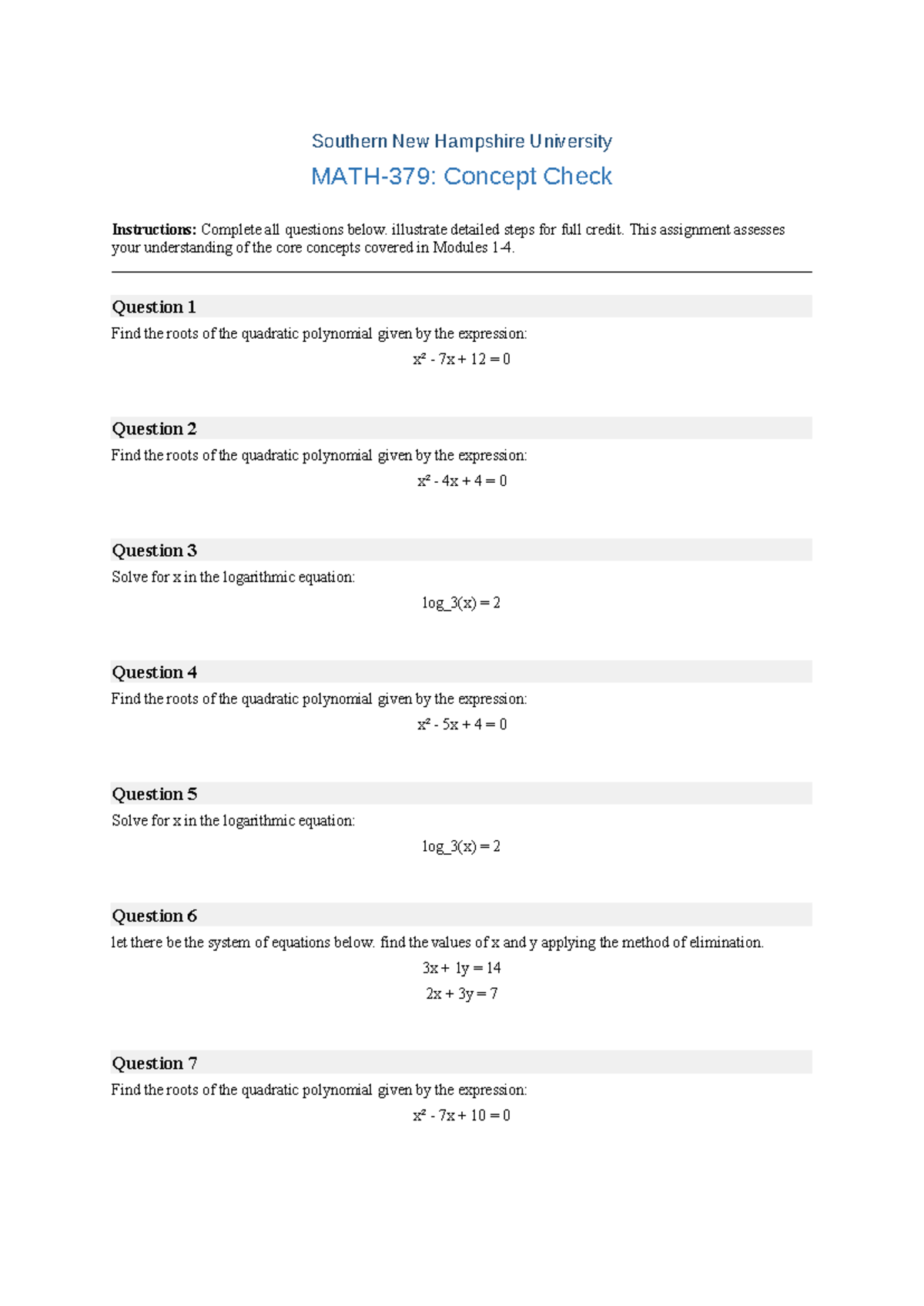 Algebra Concept Check 38112539: Quadratic & Logarithmic Problems - Studocu