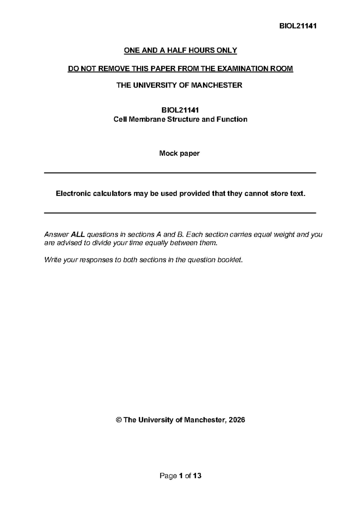 BIOL21141 Cell Membrane Structure and Function Mock Exam Paper - Studocu