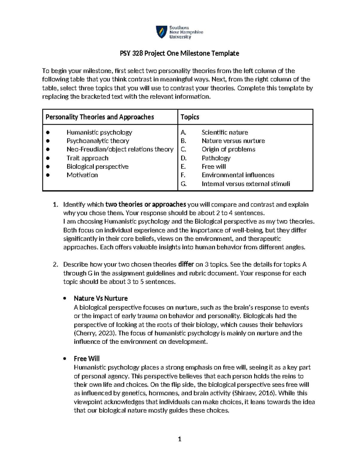 PSY 328 Project One Milestone Template: Personality Theories Comparison ...
