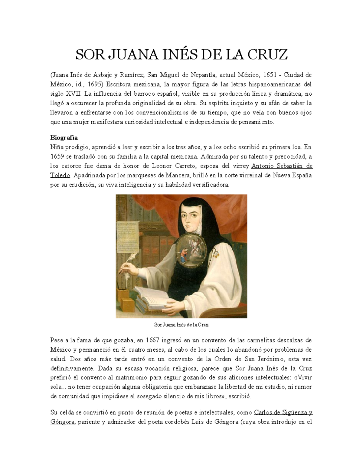 Biografía de Sor Juana Inés de la Cruz: Vida y Obra (626057910) - Studocu