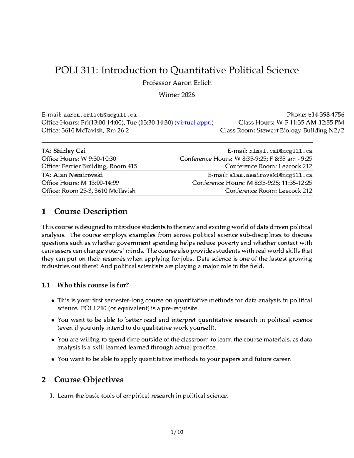 POLI 311: Syllabus for Introduction to Quantitative Political Science ...