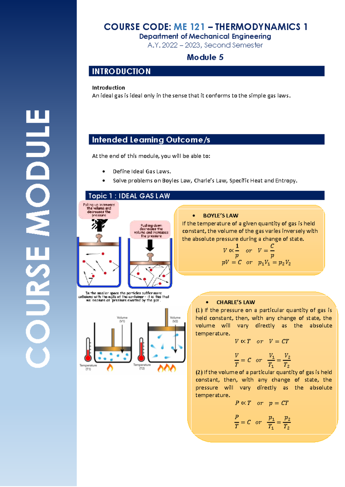 ME 121 Thermodynamics 1: Module 5 - Ideal Gas Laws Overview - Studocu